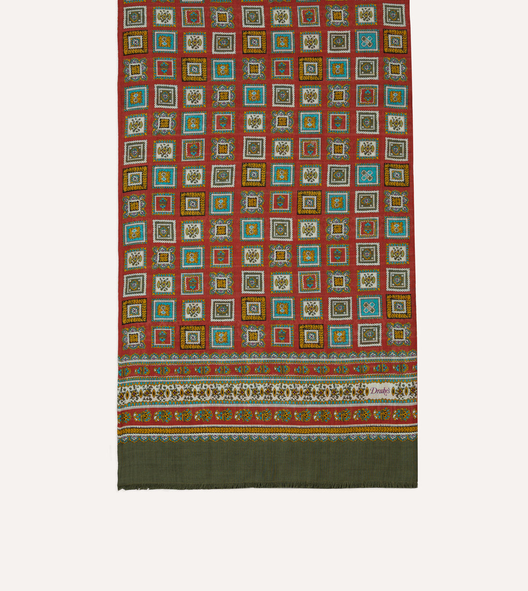 Red and Green Medallion Print Tubular Wool Silk Scarf – Drakes US