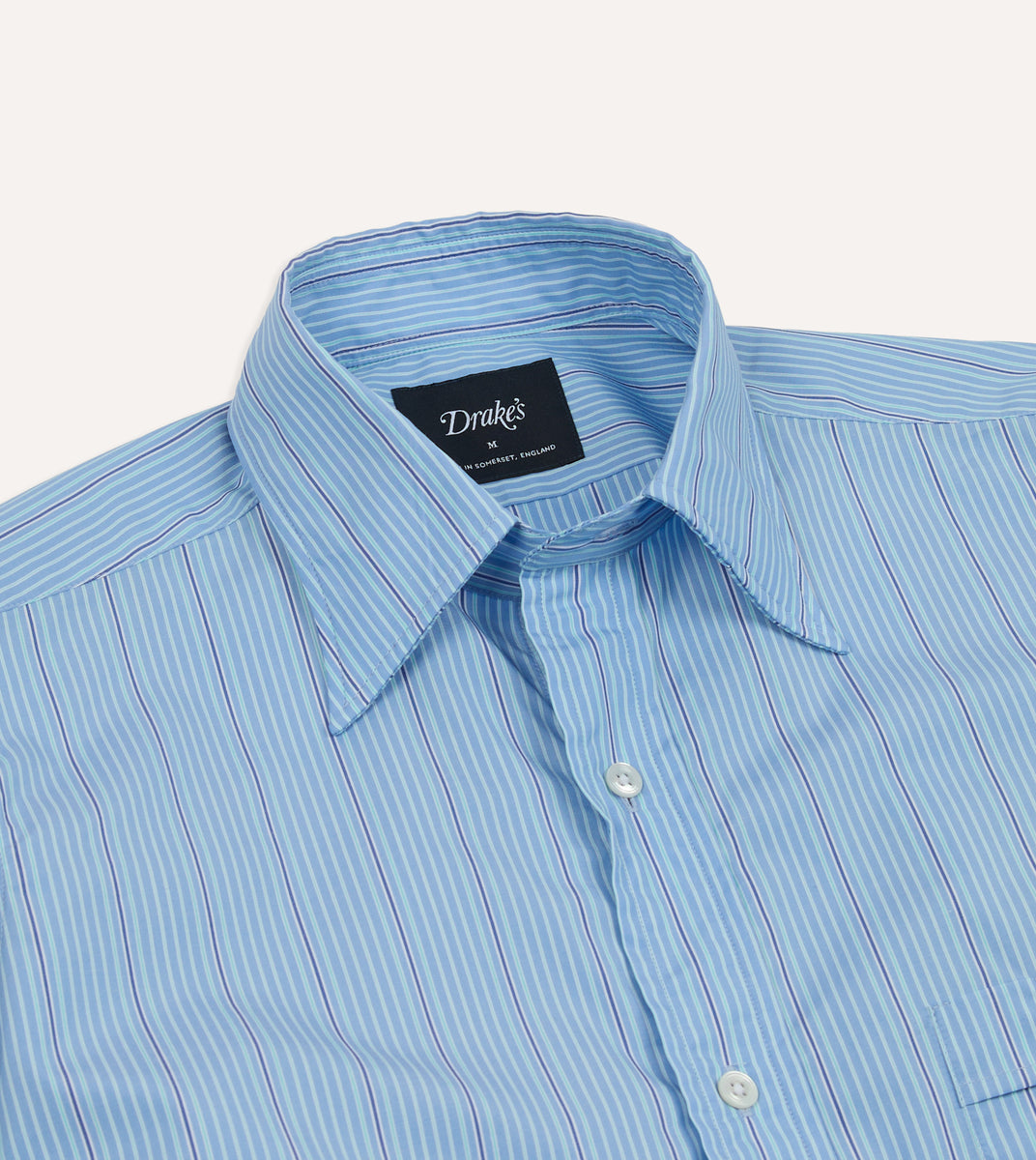 Blue Stripe Cotton Poplin Long Point Collar Shirt – Drakes US
