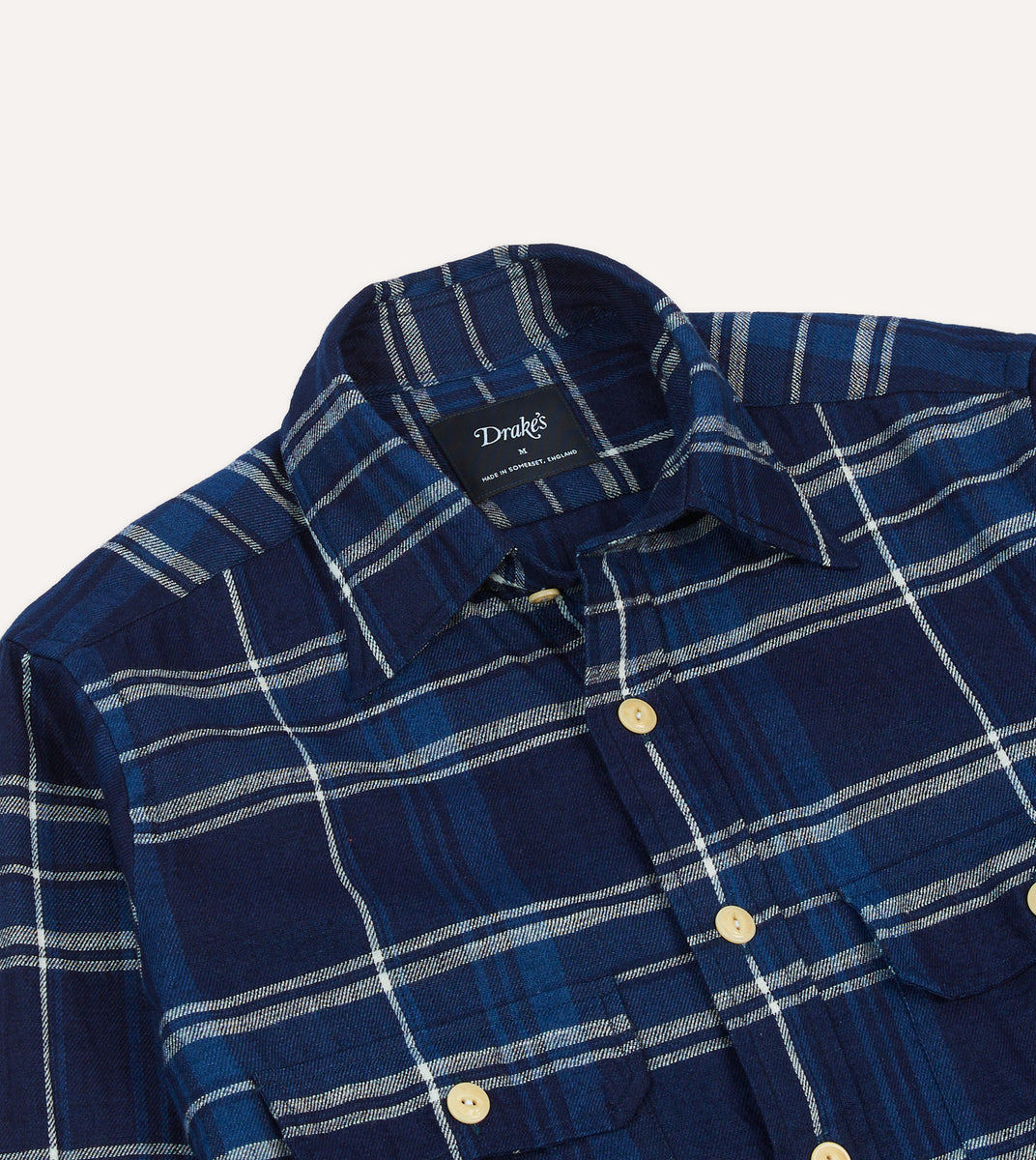 Blue Check Cotton Long Point Collar Work Shirt – Drakes US