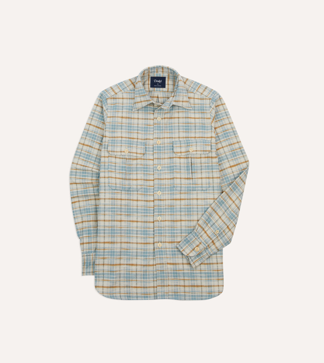 Ecru and Blue Check Cotton Two-Pocket Work Shirt – Drakes US