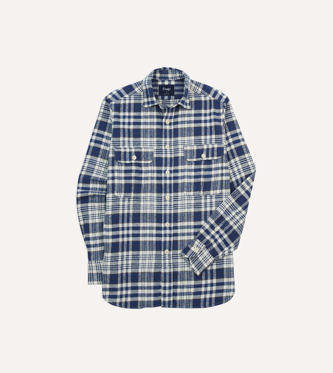 Blue Check Brushed Cotton Two-Pocket Work Shirt – Drakes US