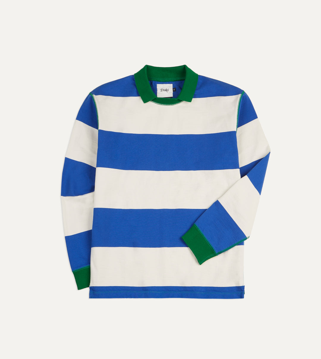 Blue and White Wide Stripe Mock Collar Long-Sleeve Jersey – Drakes US